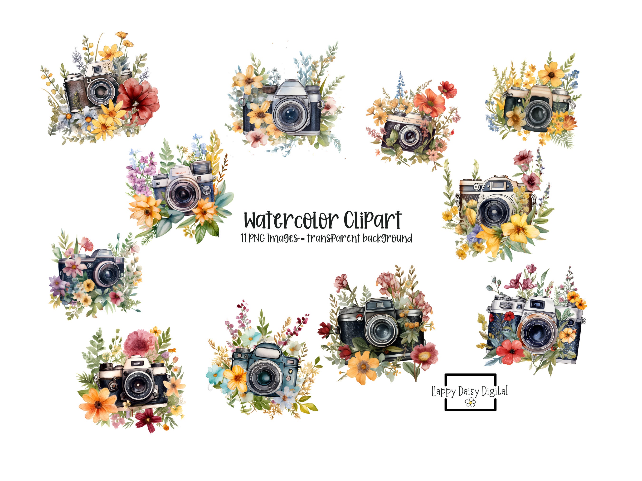 Floral Camera Watercolor Clipart Bundle, PNG Image Bundle, Small ...
