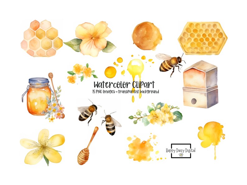 Bee Watercolor Clipart Bundle, PNG Image Bundle, Small Watercolor ...