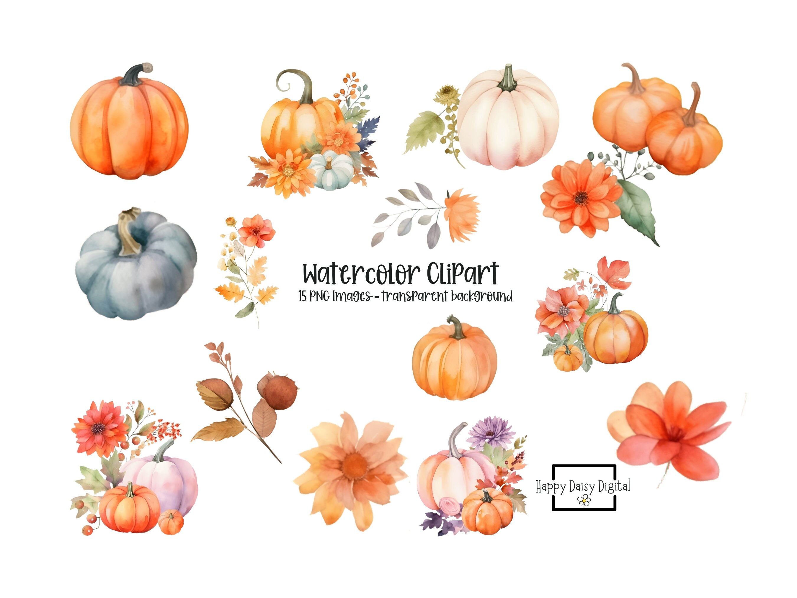 Fall Floral Watercolor Clipart Bundle, Watercolor Pumpkins PNG Image ...