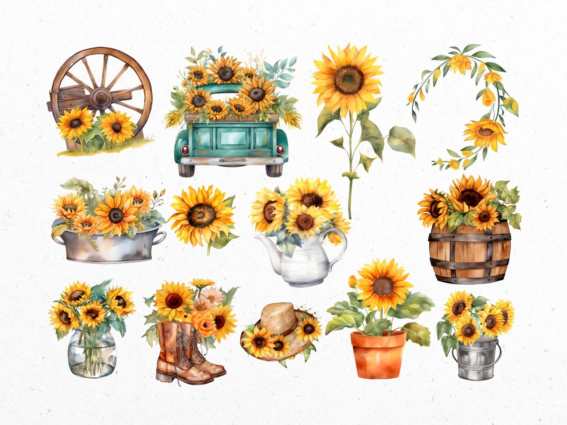 Sunflower Watercolor Clipart Bundle, PNG Image Bundle, Small Watercolor ...