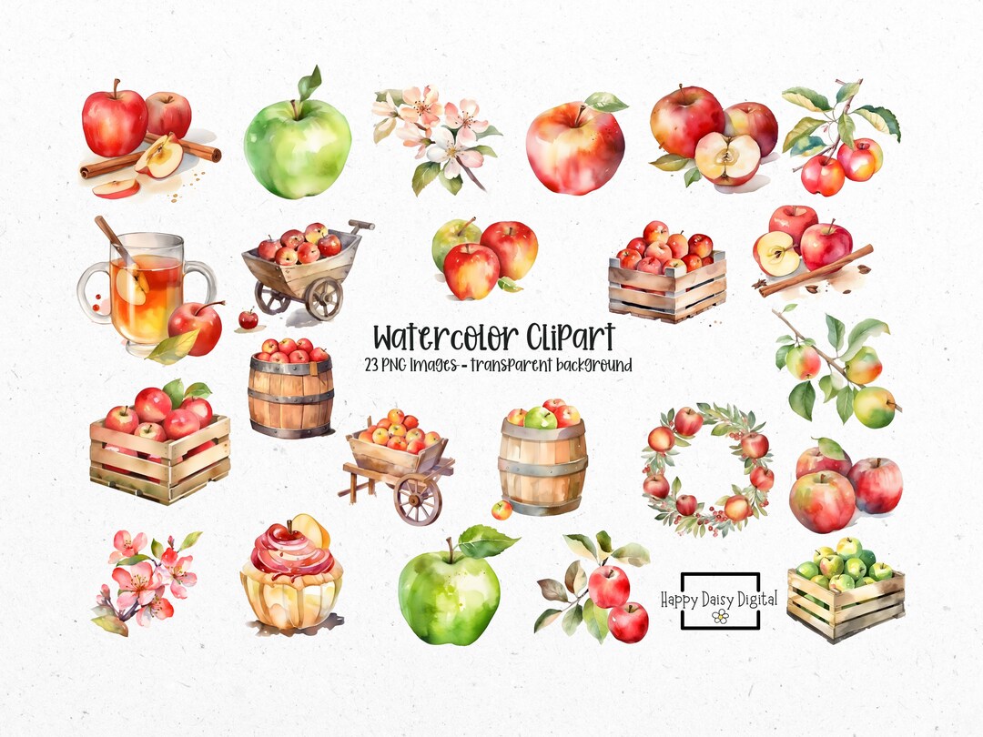 Apple Watercolor Clipart Bundle, PNG Image Bundle, Small Watercolor ...