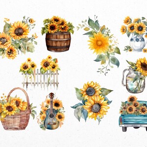 Sunflower Watercolor Clipart Bundle, PNG Image Bundle, Small Watercolor ...