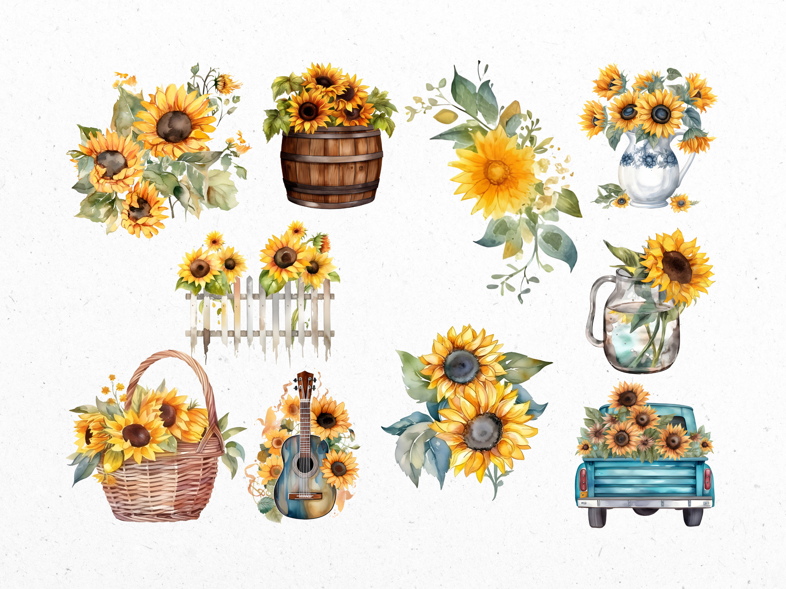 Sunflower Watercolor Clipart Bundle, PNG Image Bundle, Small Watercolor ...