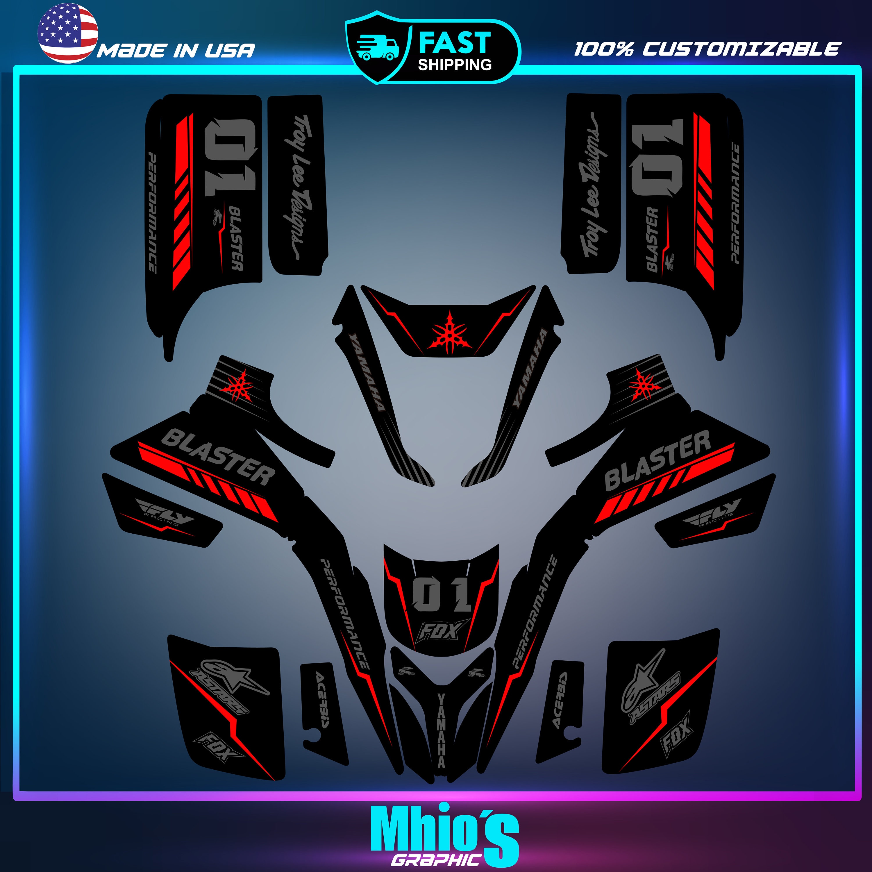 Yamaha Blaster YFS 200 Yfs200 Decals Graphics Stickers Full Kit ATV ...