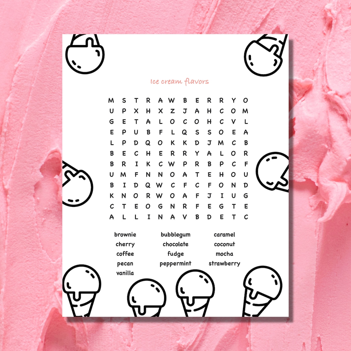 Word Search Puzzle Ice Cream Flavors Printable Party Game Senior ...