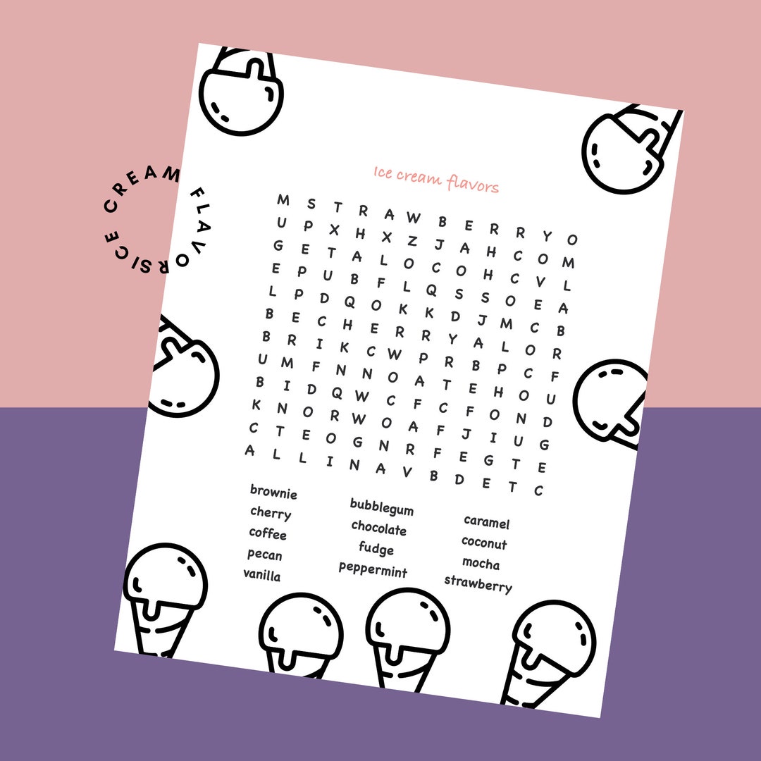 Word Search Puzzle Ice Cream Flavors Printable Party Game Senior ...