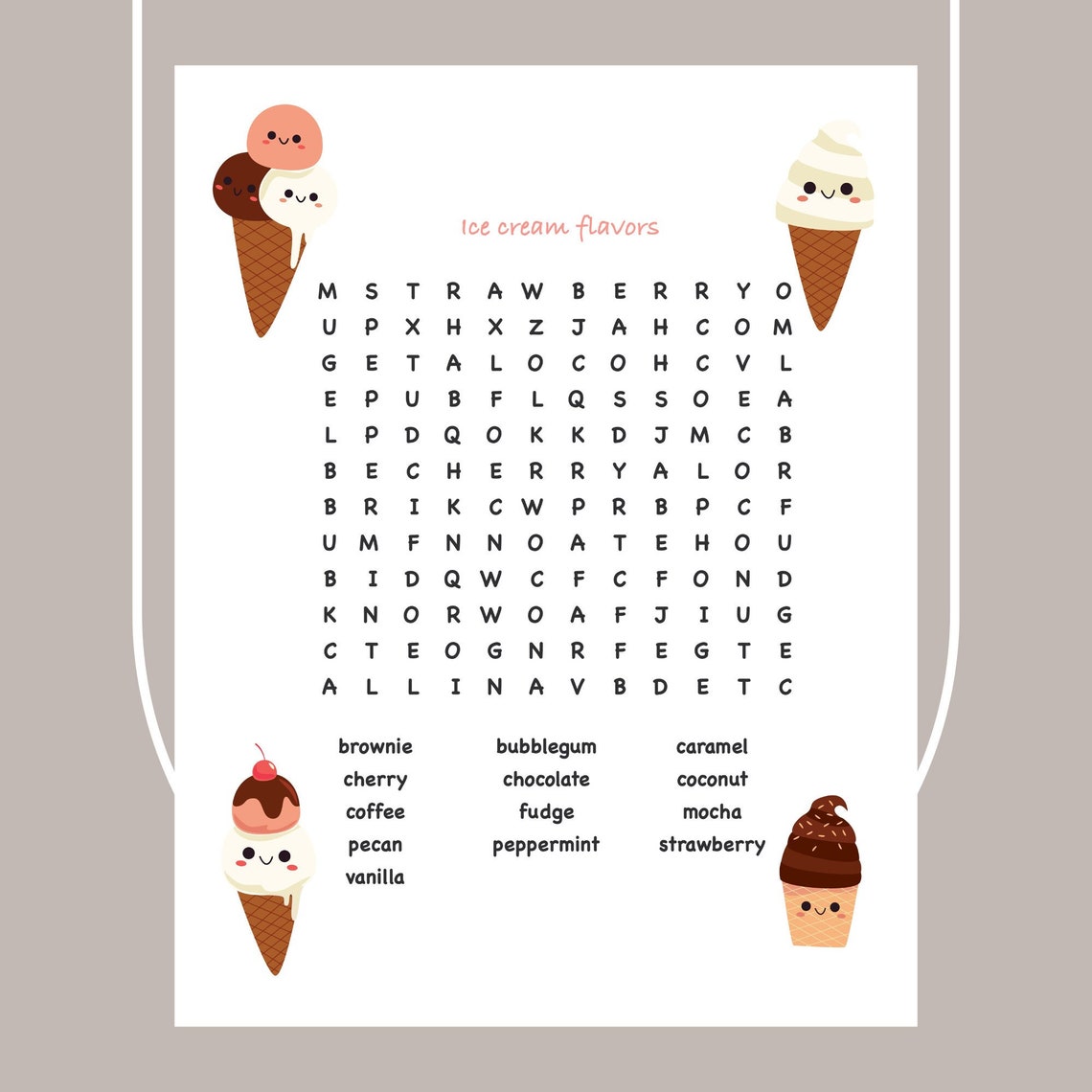 Word Search Puzzle Ice Cream Flavors Printable Party Game - Etsy