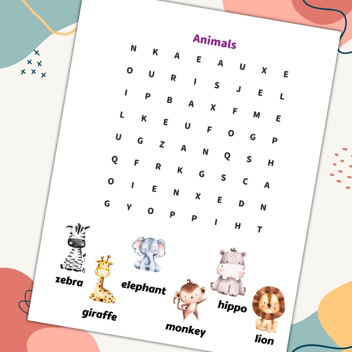 Word Search Puzzles Animal Printable Puzzle Worksheet for Kids and ...