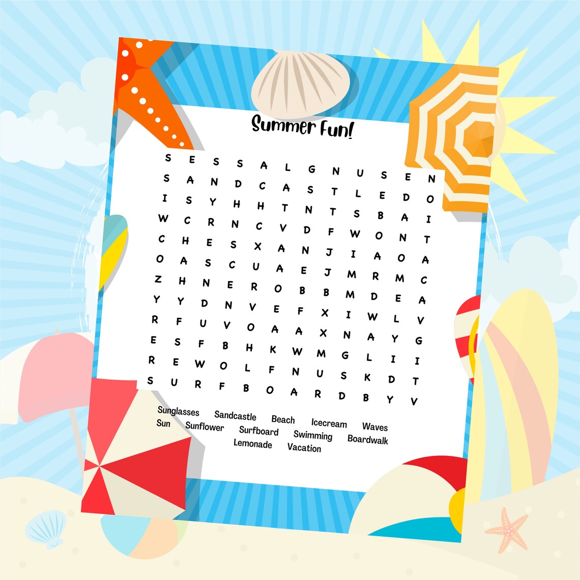 Word Search Puzzle Printable Party Games Summer Kid's Activities 60th ...