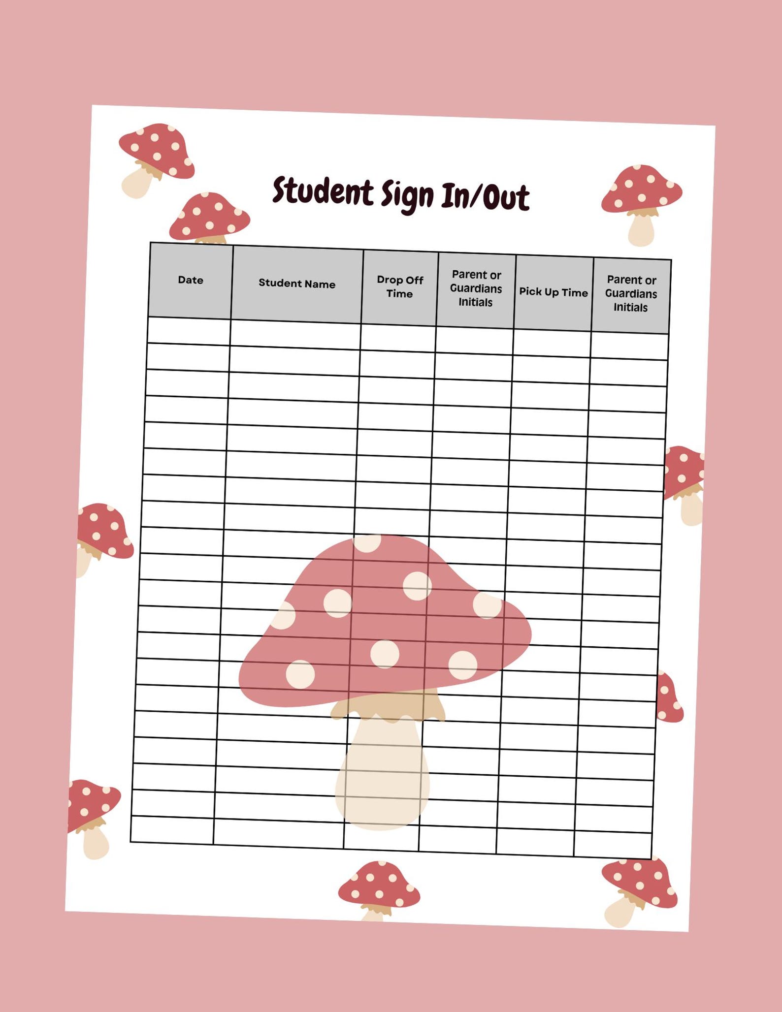 Student Sign in Sheet Template, Mushroom Themed, Attendance Tracking ...