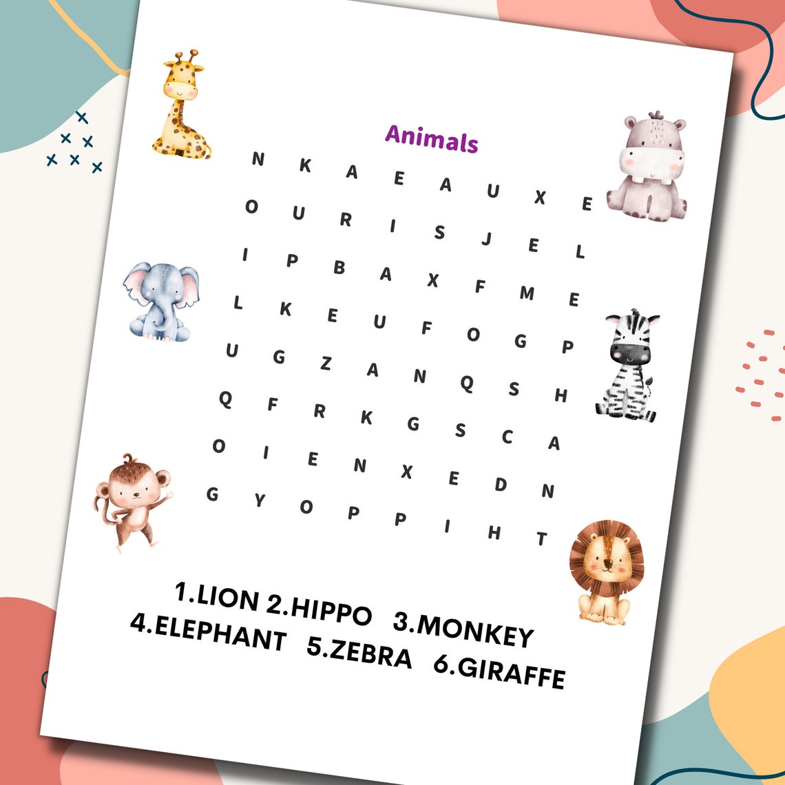 Word Search Puzzles Animal Printable Puzzle Worksheet for Kids and ...
