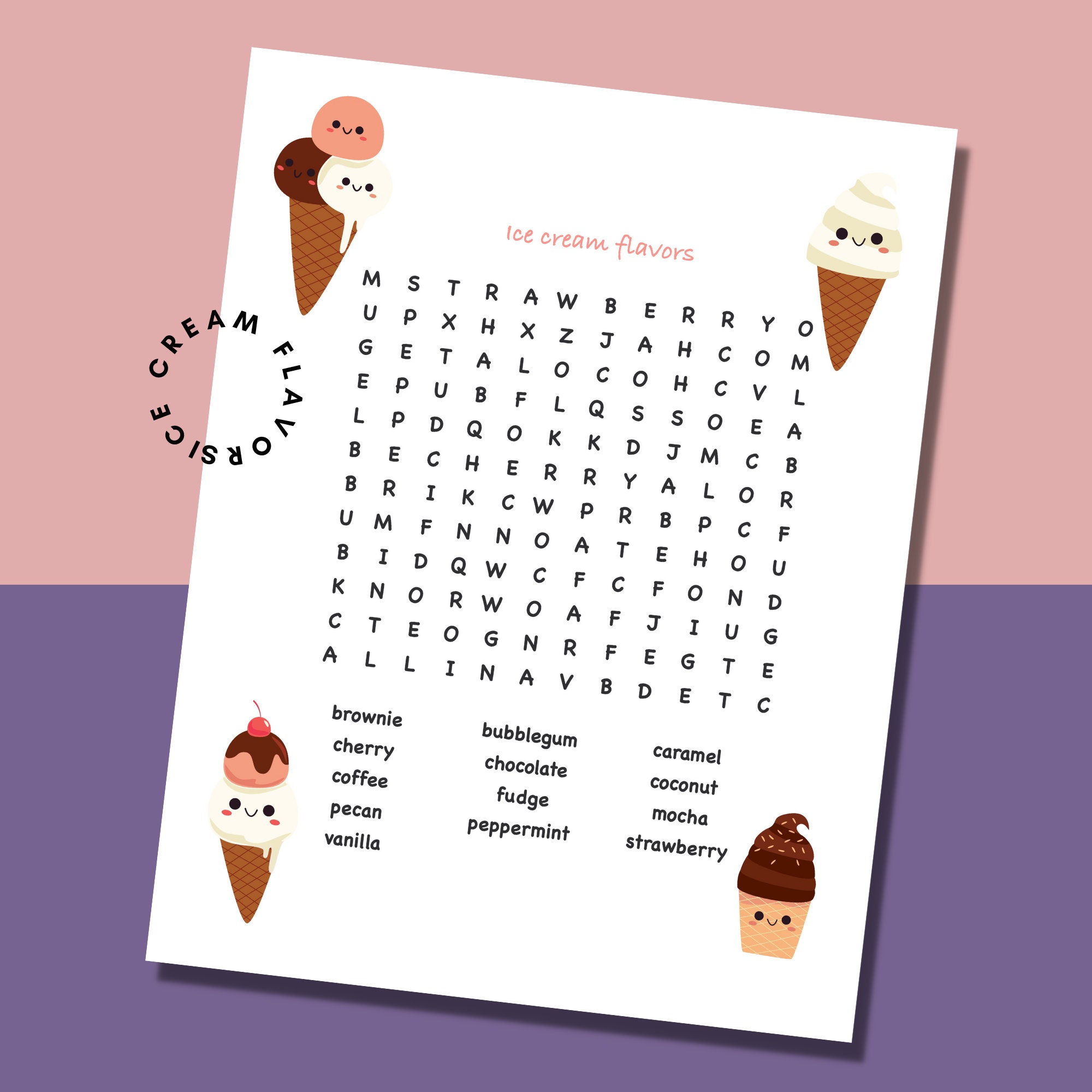 Word Search Puzzle Ice Cream Flavors Printable Party Game Senior ...