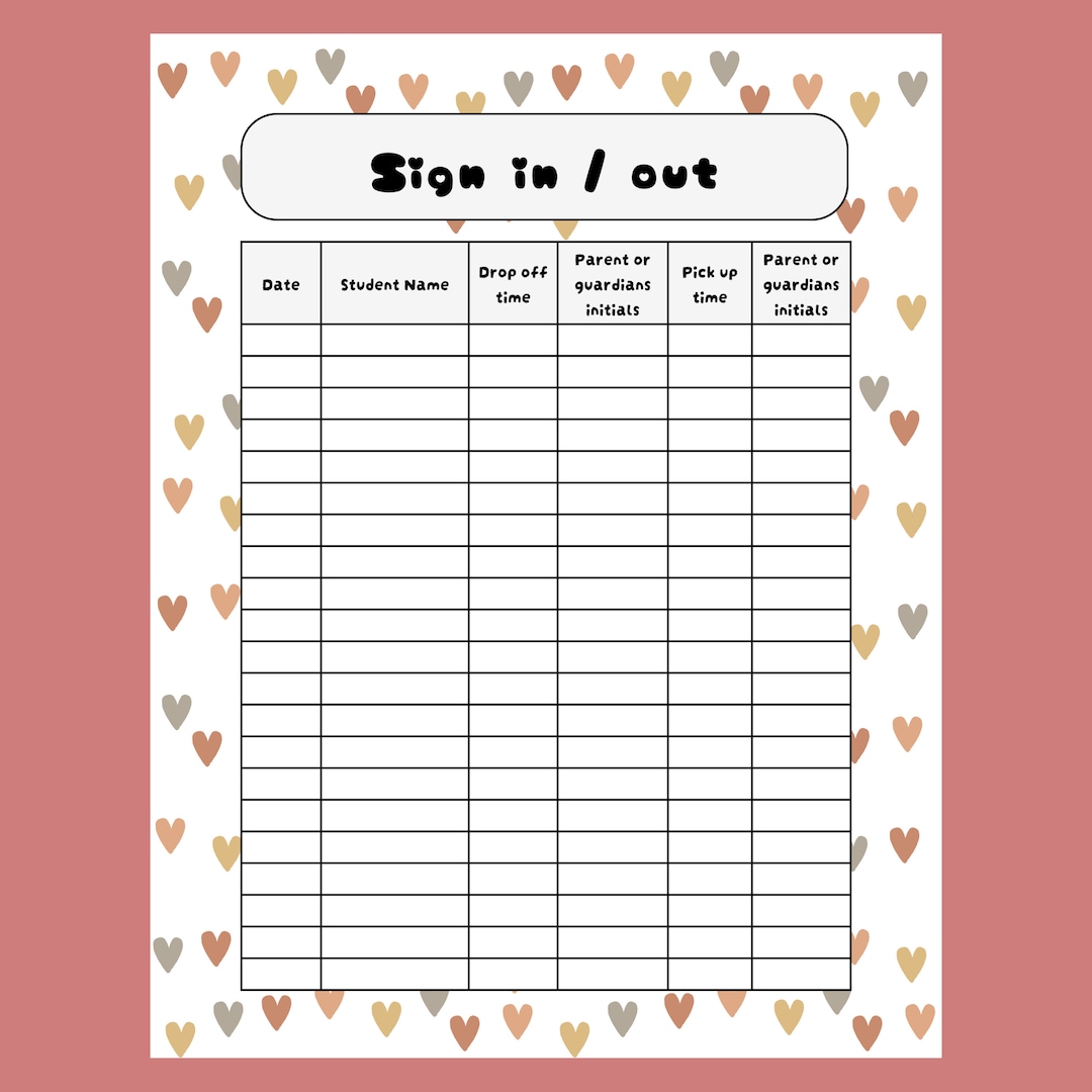 Heart Design Cute Sign-in and Out Sheet Template Printable Attendance ...