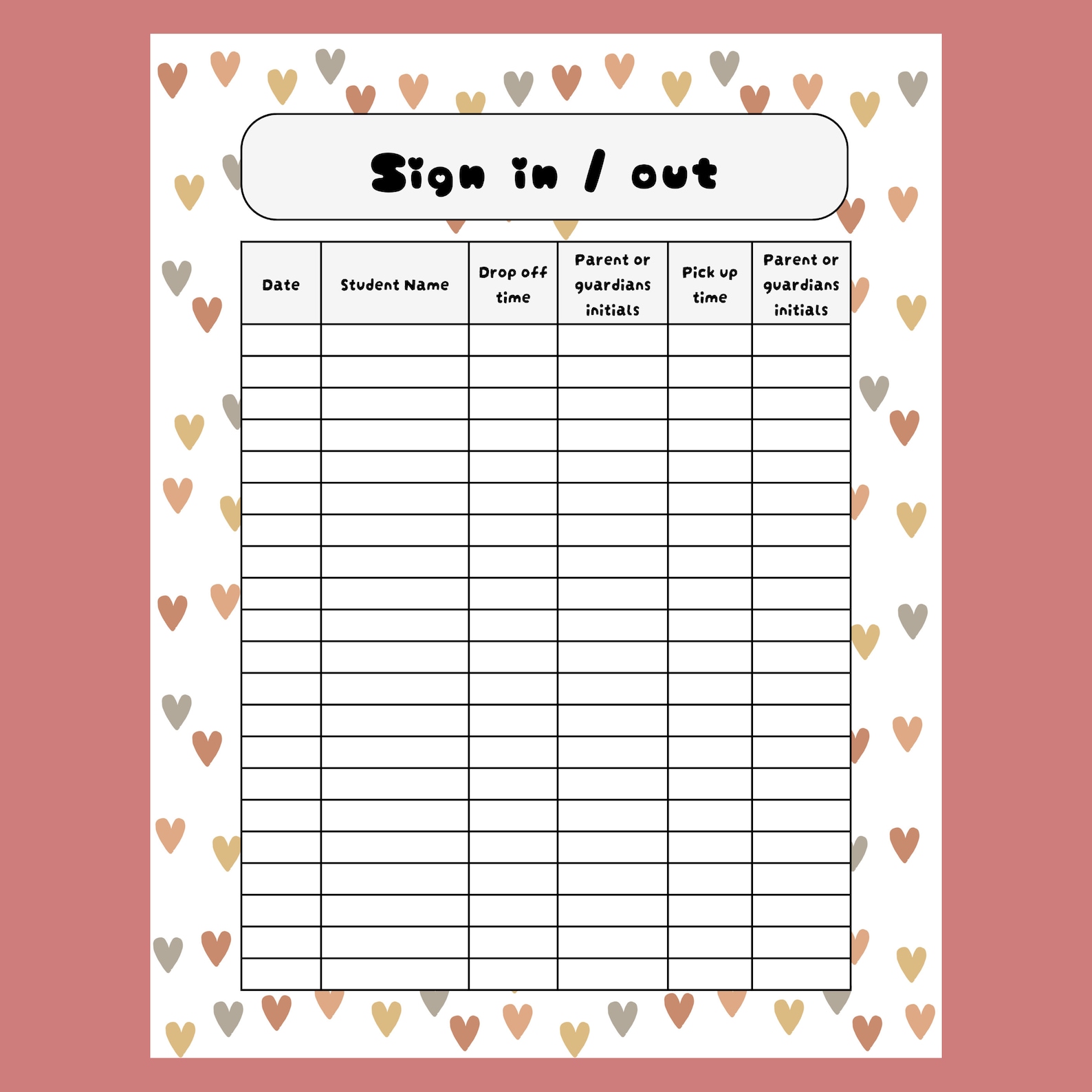 Heart Design Cute Sign-in and Out Sheet Template Printable Attendance ...