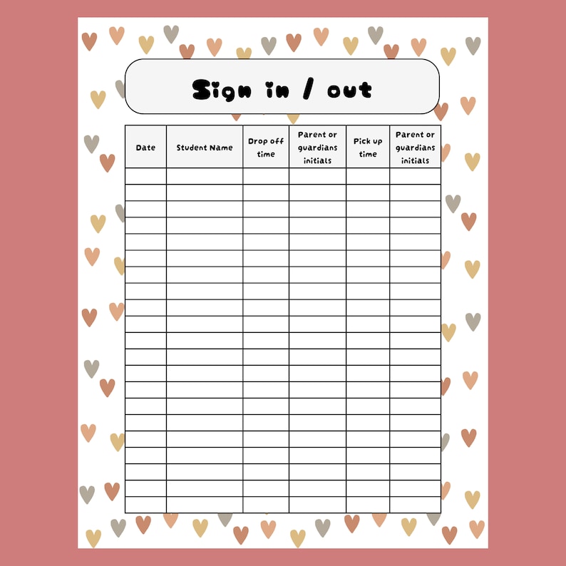 Heart Design Cute Sign-in and Out Sheet Template Printable Attendance ...