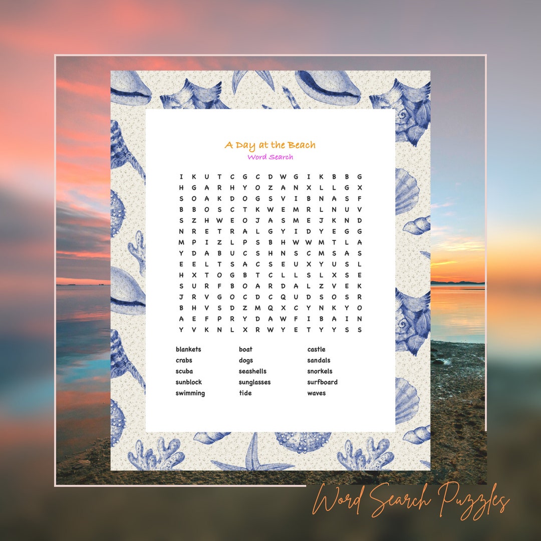 Word Search Puzzles Beach Printable Party Game for Senior and Kid ...