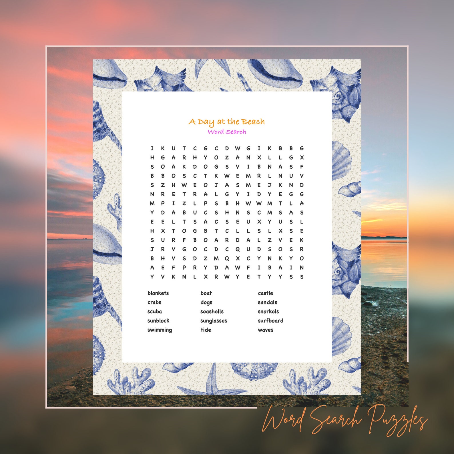 Word Search Puzzles Beach Printable Party Game for Senior and Kid ...