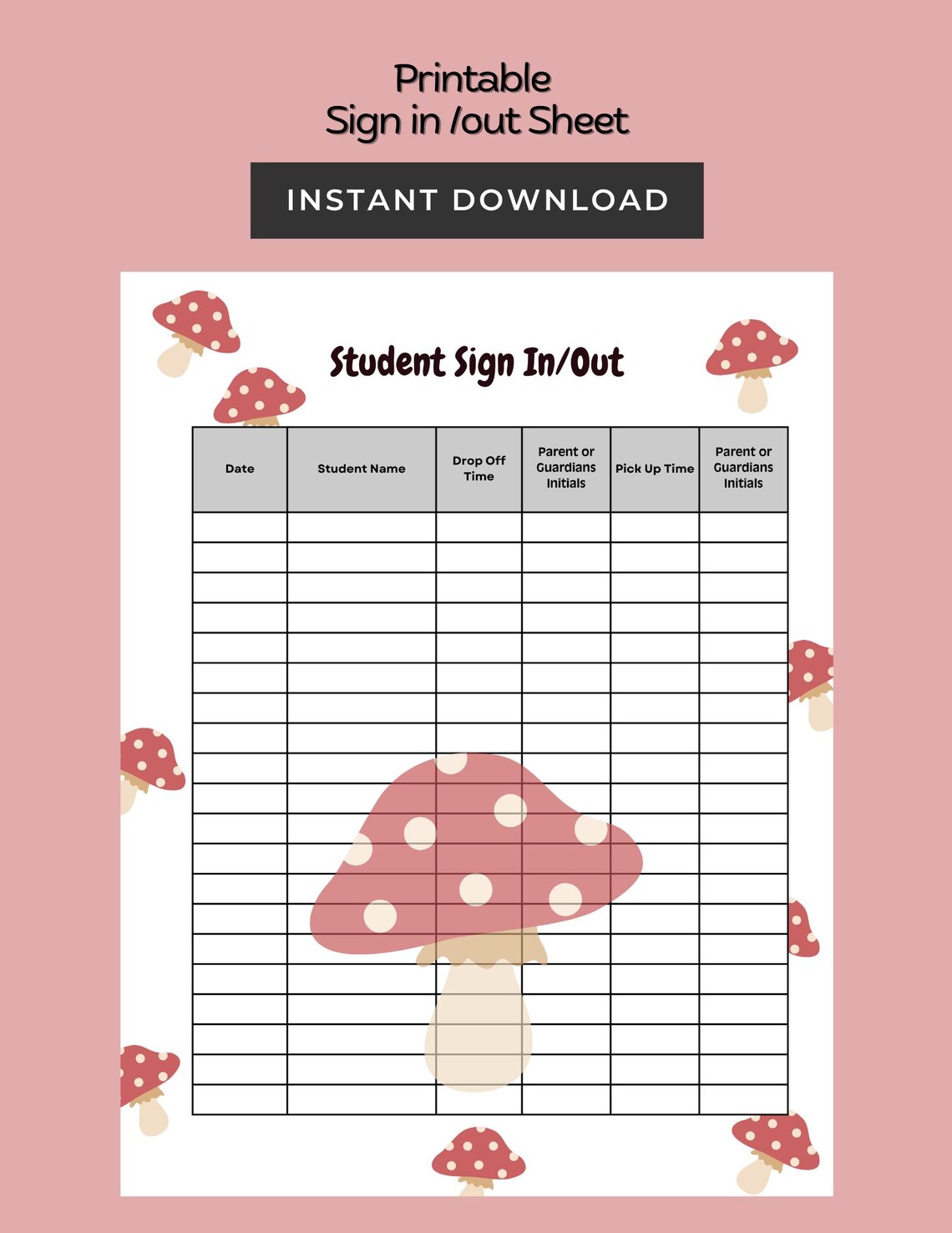 Student Sign in Sheet Template, Mushroom Themed, Attendance Tracking ...