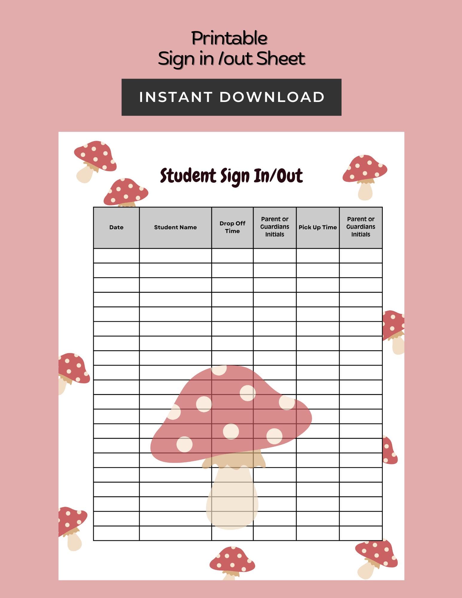 Student Sign in Sheet Template, Mushroom Themed, Attendance Tracking ...
