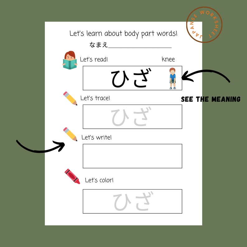 Japanese Worksheets Body Part Words Hiragana Writing - Etsy