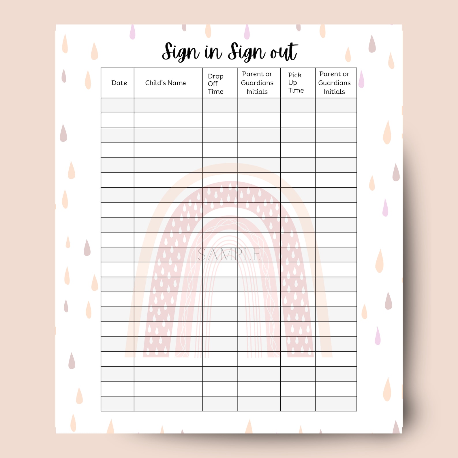 Sign-in Sheets Printable Sign in Sheet Attendance Sheet Drop off Form ...