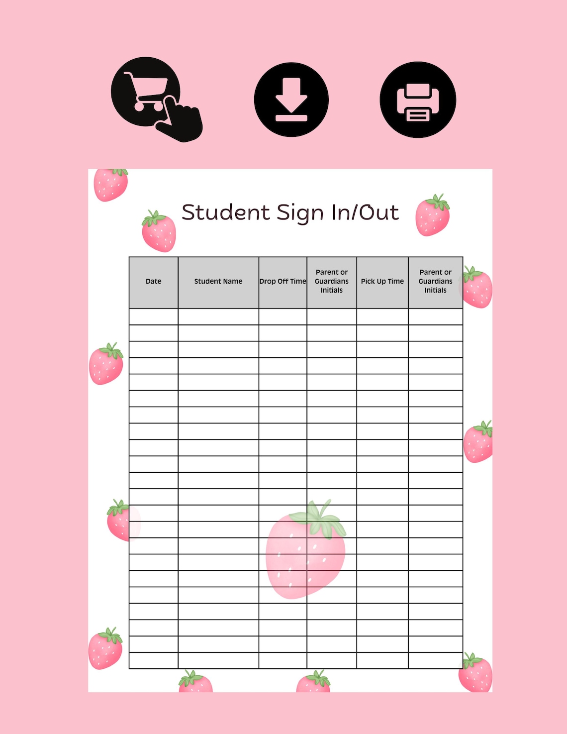 Student Sign in Sheet Template, Strawberry, Attendance Tracking Sheet ...