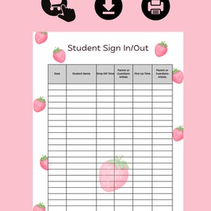 Student Sign in Sheet Template, Strawberry, Attendance Tracking Sheet ...