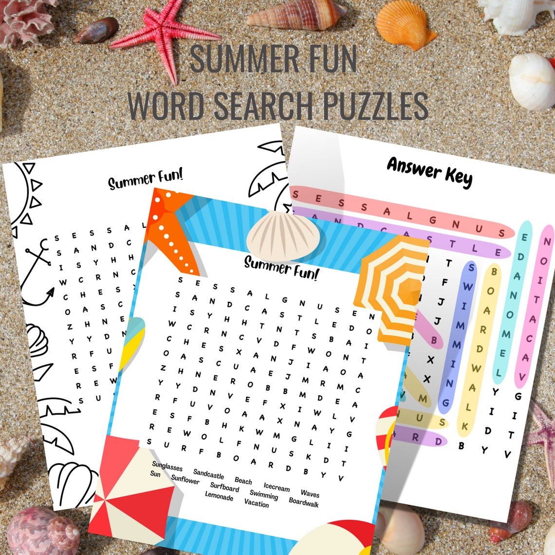 Word Search Puzzle Printable Party Games Summer Kid's Activities Senior ...