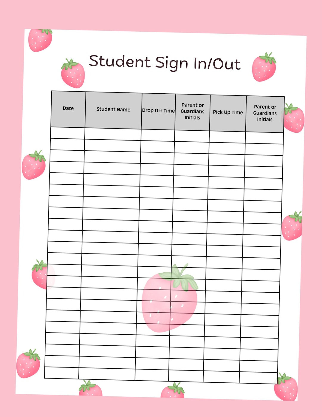 Student Sign in Sheet Template, Strawberry, Attendance Tracking Sheet ...