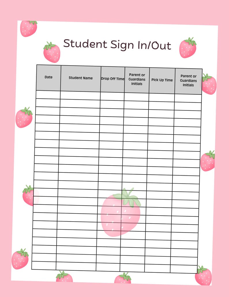 Student Sign in Sheet Template, Strawberry, Attendance Tracking Sheet ...