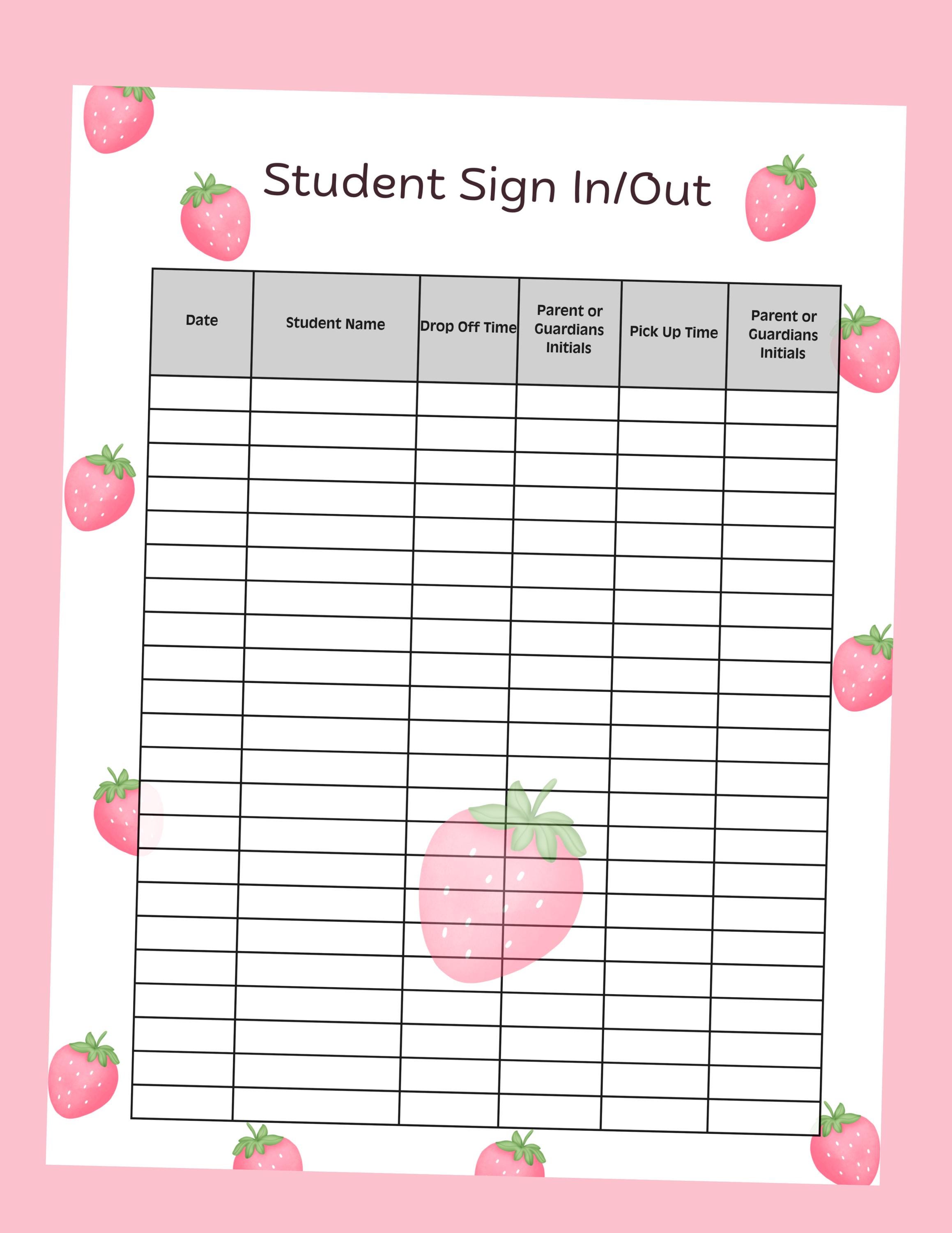 Student Sign in Sheet Template, Strawberry, Attendance Tracking Sheet ...