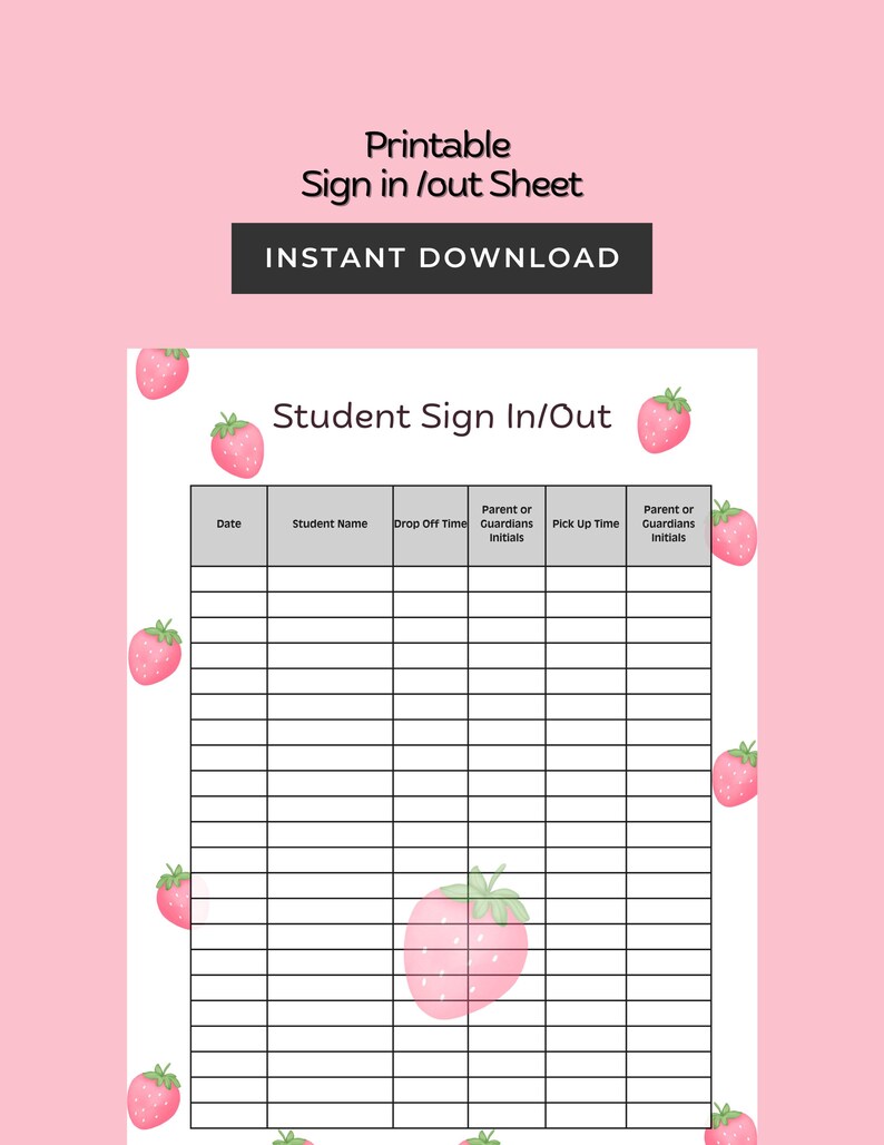 Student Sign in Sheet Template, Strawberry, Attendance Tracking Sheet ...
