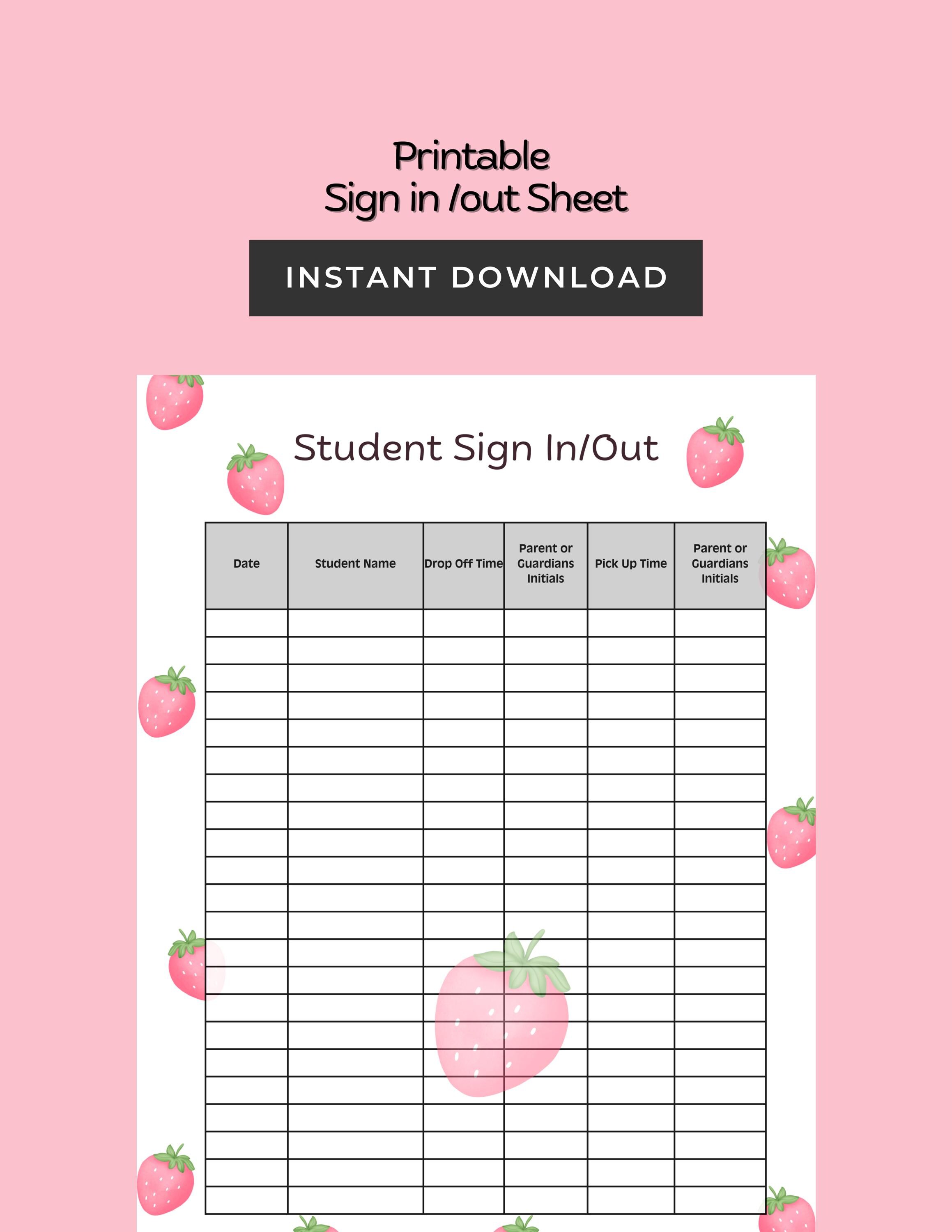 Student Sign in Sheet Template, Strawberry, Attendance Tracking Sheet ...
