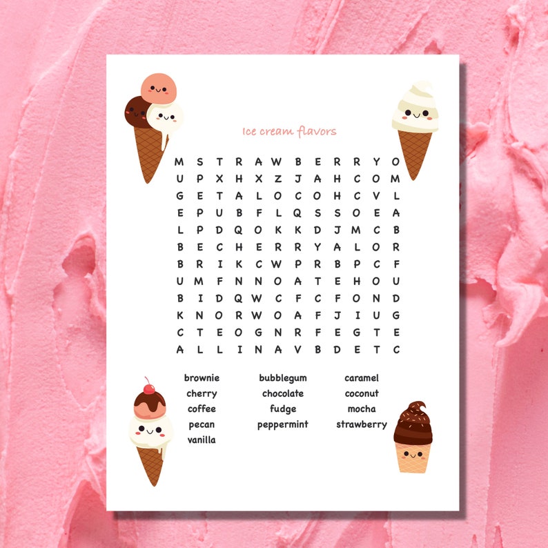 Word Search Puzzle Ice Cream Flavors Printable Party Game Senior ...
