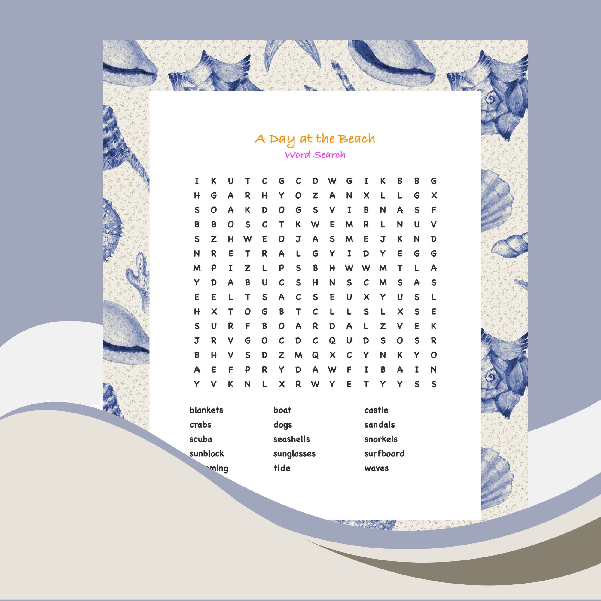 Word Search Puzzles Beach Printable Party Game for Senior and Kid ...