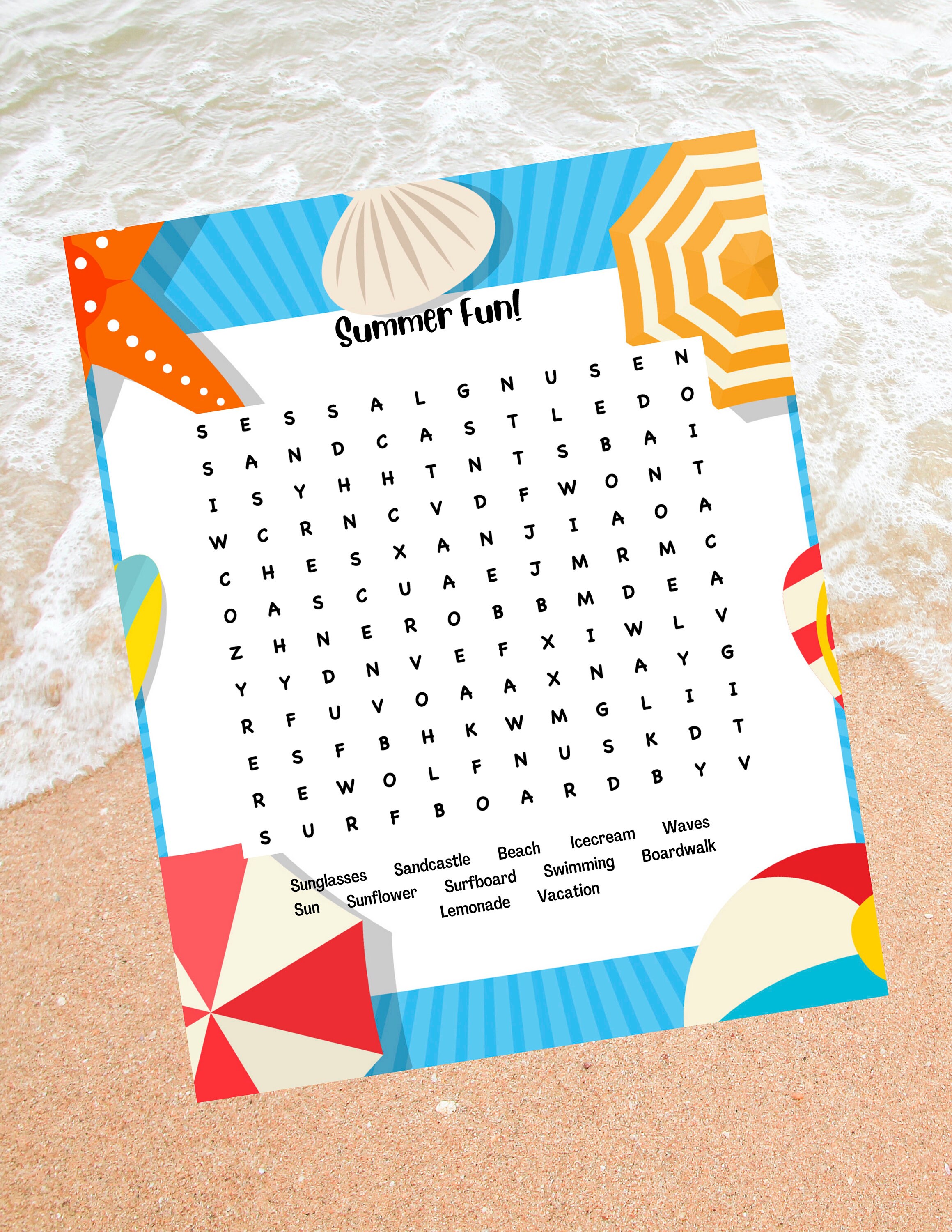Word Search Puzzle Printable Party Games Summer Kid's Activities 60th ...