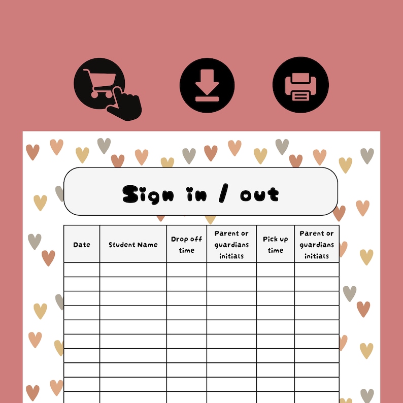 Heart Design Cute Sign-in and Out Sheet Template Printable Attendance ...