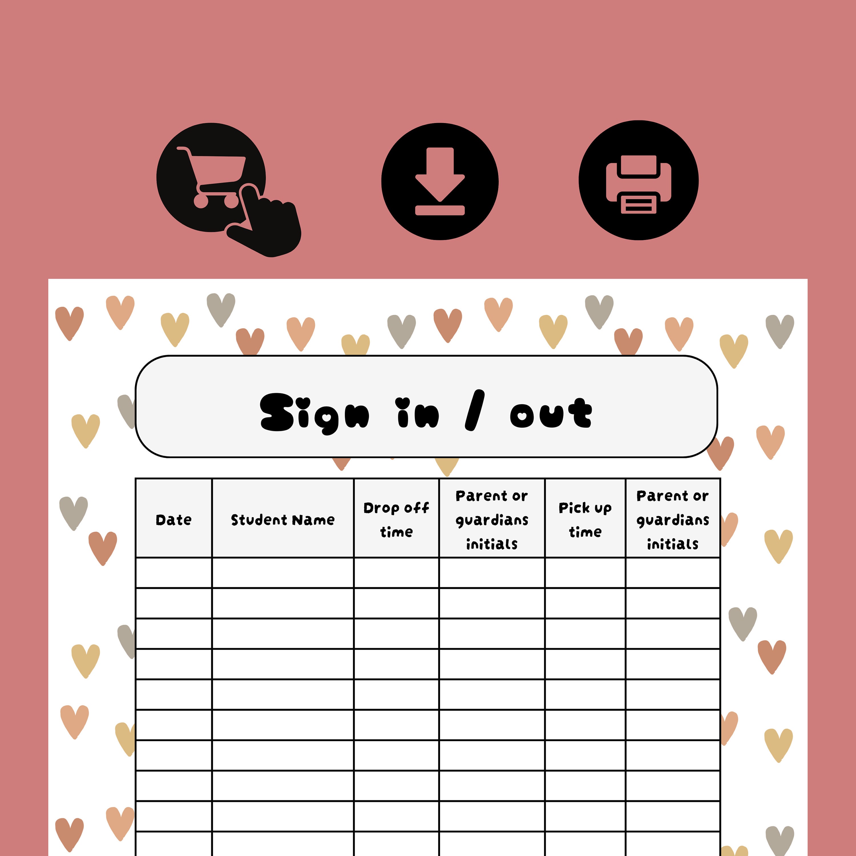 Heart Design Cute Sign-in and Out Sheet Template Printable Attendance ...