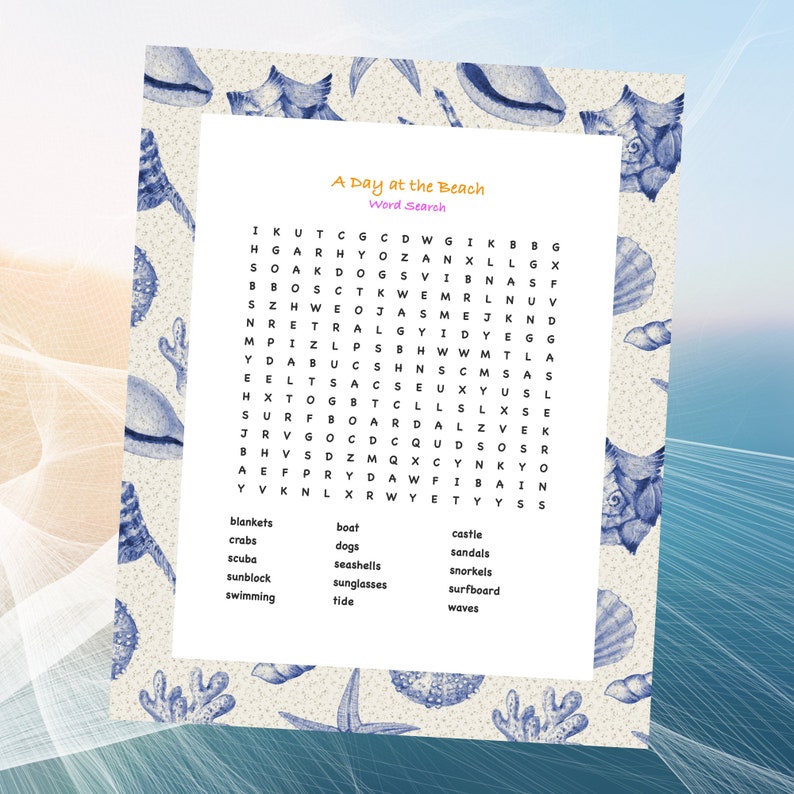 Word Search Puzzles Beach Printable Party Game for Senior and Kid ...