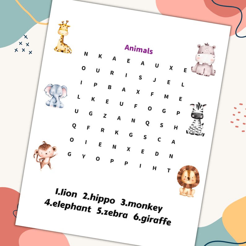 Word Search Puzzles Animal Printable Puzzle Worksheet for Kids and ...