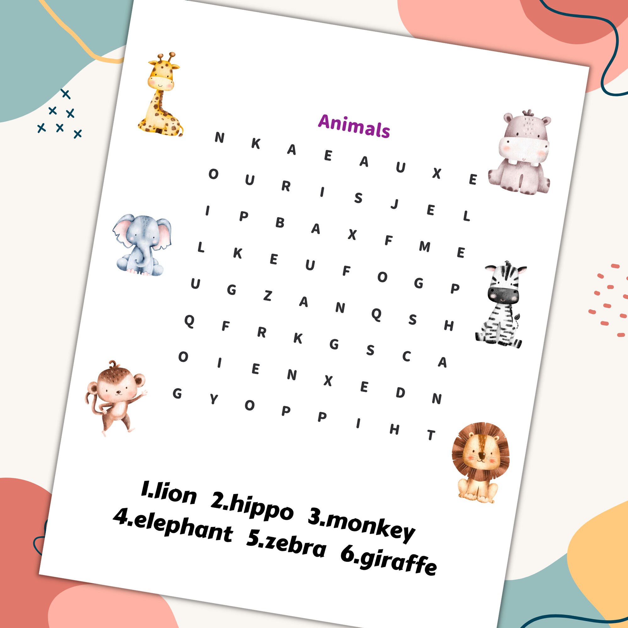 Word Search Puzzles Animal Printable Puzzle Worksheet for Kids and ...