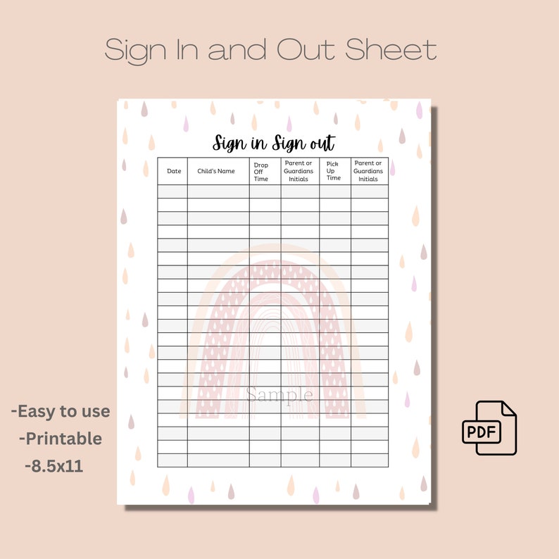 Sign-in Sheets Printable Childcare Attendance Sheet Drop off Form ...