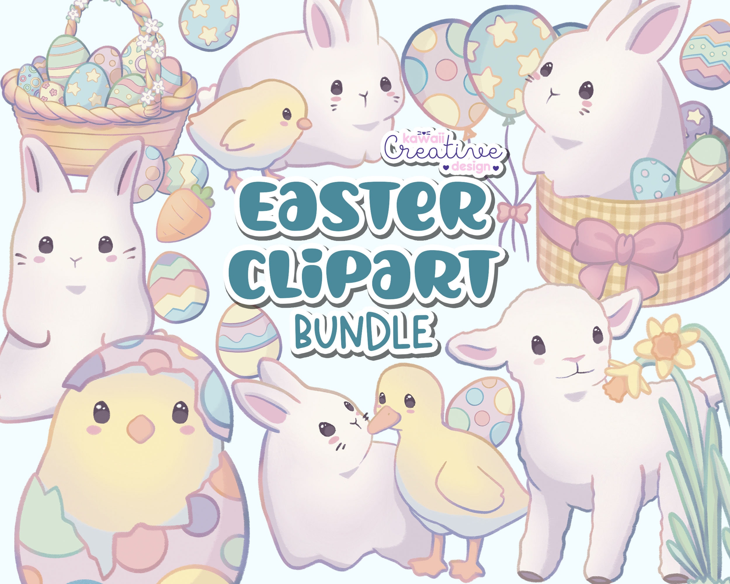 Kawaii Easter Clipart Set, Cute Rabbit Graphics, Baby Bunny PNG, Easter ...