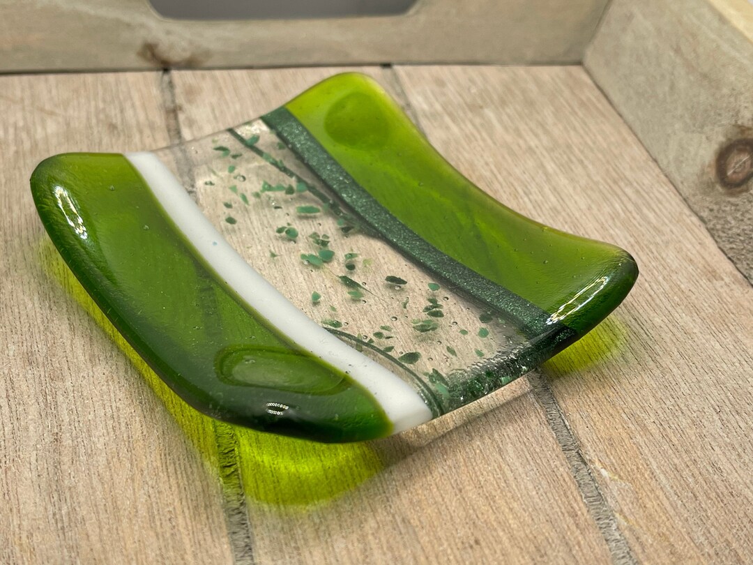Green Fused Glass Ring Dish, Green Trinket Dish, Green Candle Holder ...