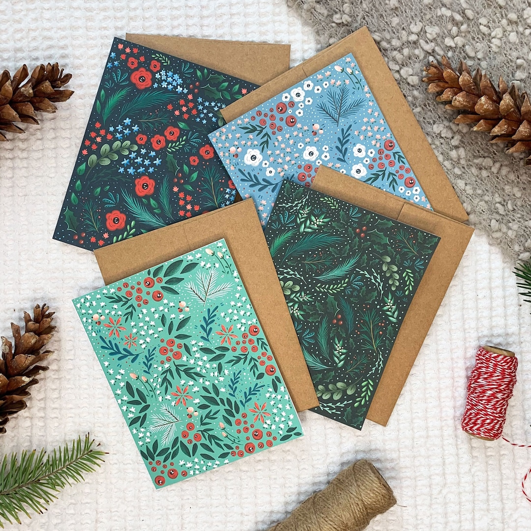 Winter Floral Greeting Cards, Holiday Note Card Pack, Set of Eight ...