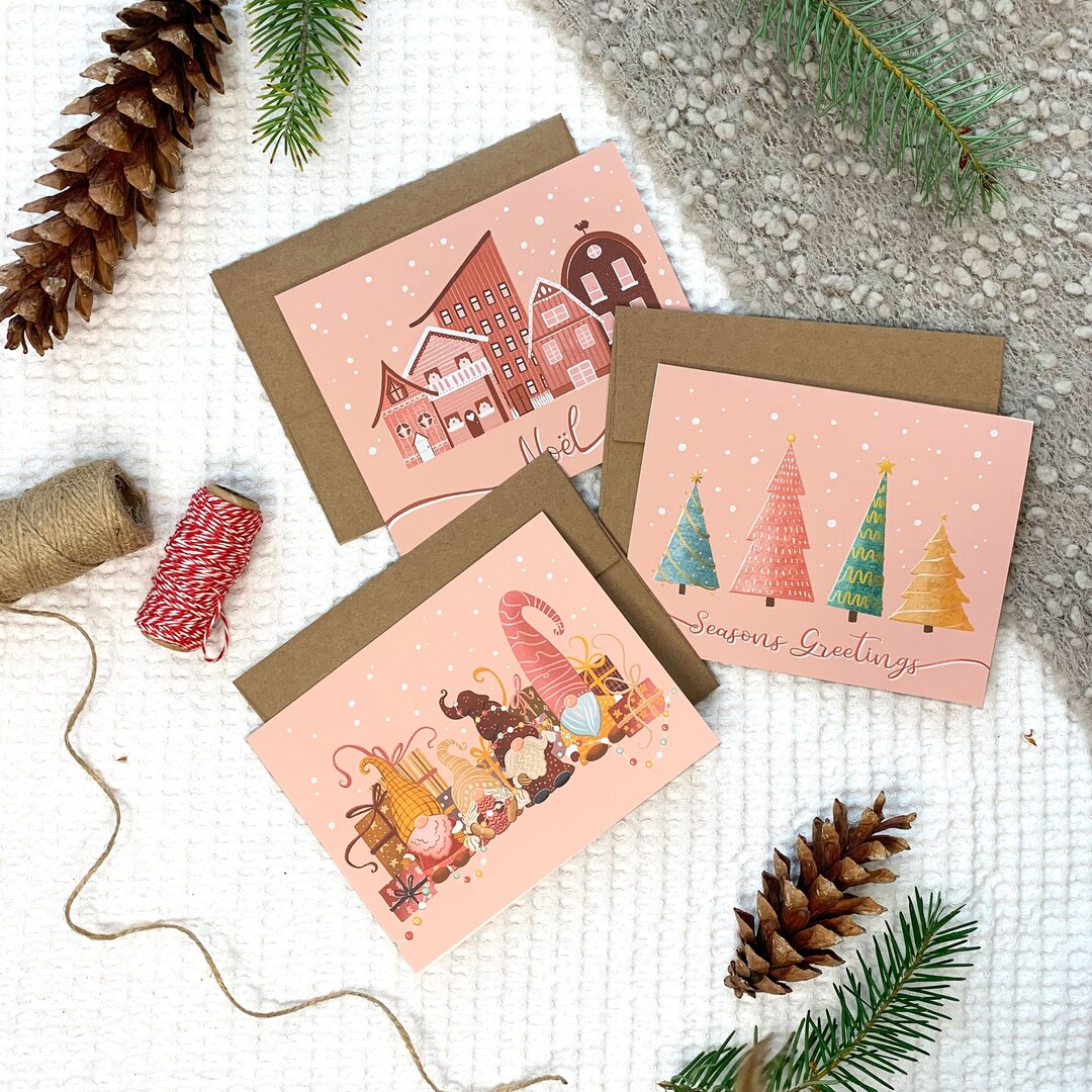 Pink Christmas Cards, Cute Boho Holiday Note Card Pack, Set of Eight ...