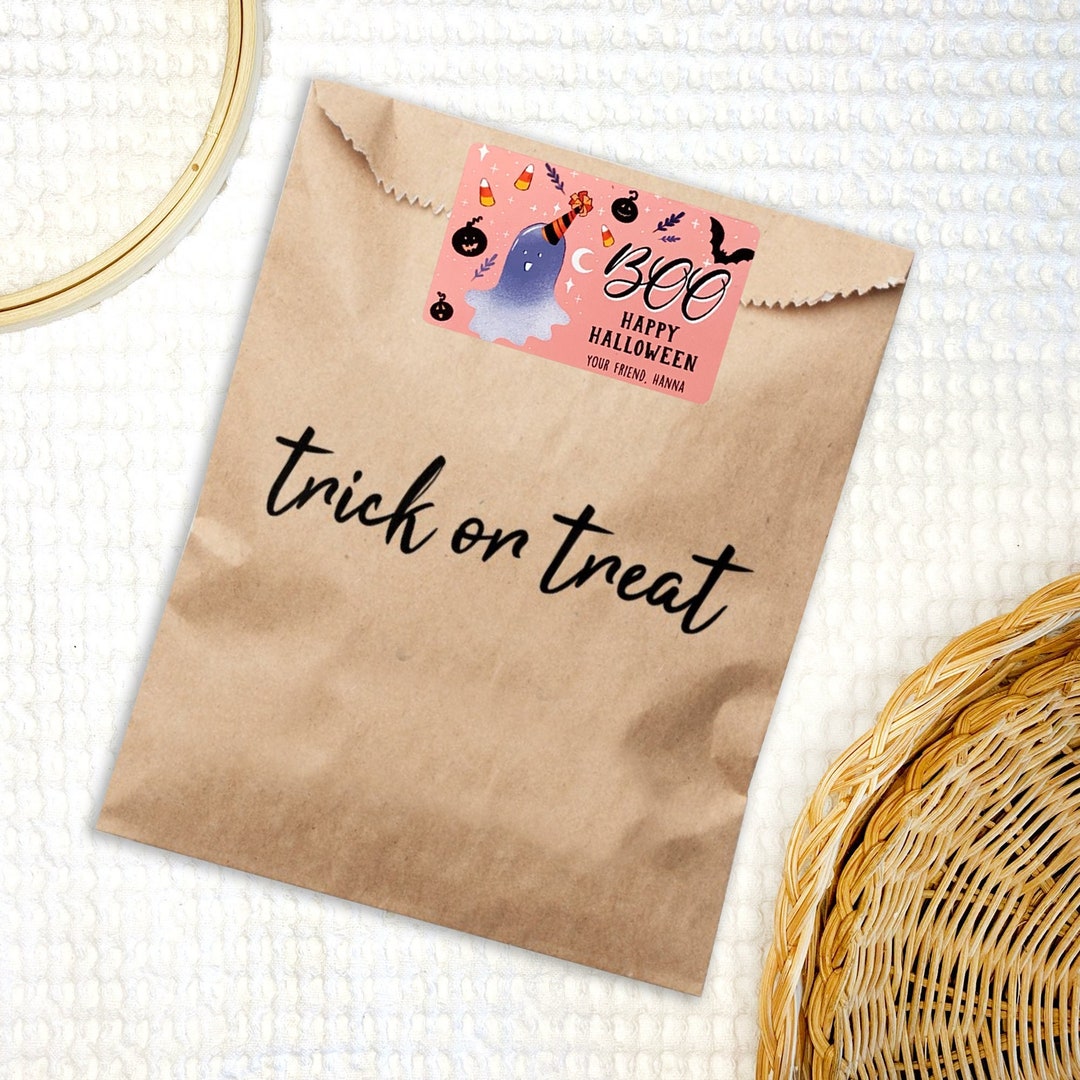 Custom Halloween Party Treat Bag Stickers - Set of 18, Pink Halloween ...