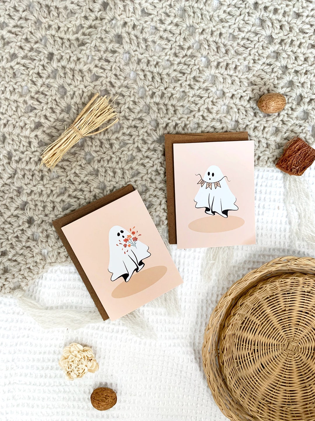 Boho Ghost Greeting Cards, Pink Halloween Note Card Pack, Set of Two - Etsy
