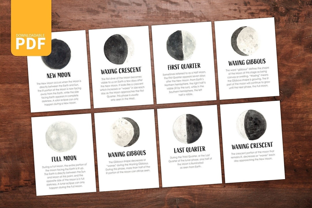 Moon Phases Flash Cards - Lunar Phases - PDF - DIGITAL - Moon Facts ...