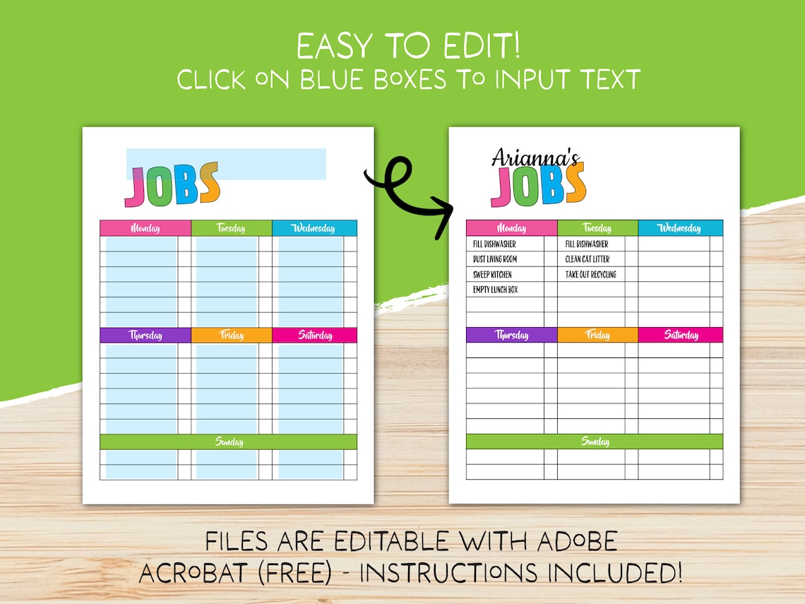 Editable Chore Chart for Kids, Kids Job Chart, Weekly Job Checklist ...